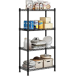 SORCEDAS Shelve 4 Tier Adjustable Utility Metal Storage Wire Rack Unit for Home Kitchen Garage Bathroom Office Indoor Black (Black, 4 Tier-Adjustable Feets)