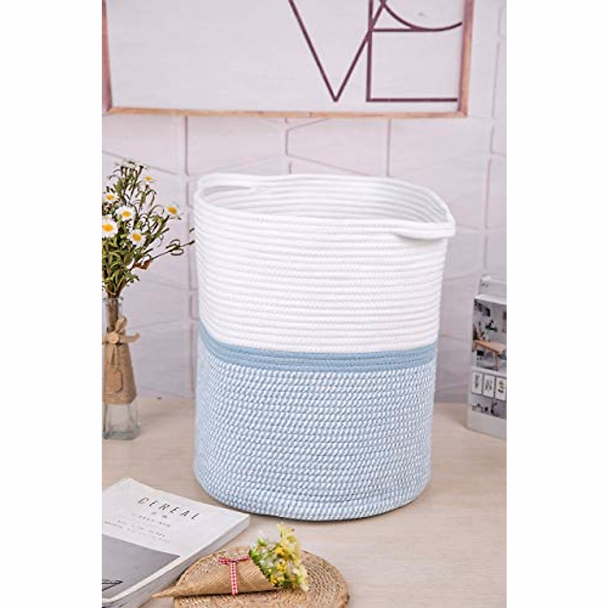 M Size Blue White Laundry Basket with Handles Toy Basket Clothes Hamper Home Decor Basket Towel Storage Woven Blanket Basket Cotton Rope Decorative Blanket Basket,Environmental Protection Material