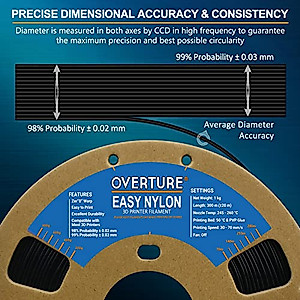 OVERTURE Nylon Filament 1.75mm 3D Printer Filament, Polyamide (PA) 1kg Spool (2.2lbs), Dimensional Accuracy +/- 0.03 mm, Fit Most FDM Printer (Black)