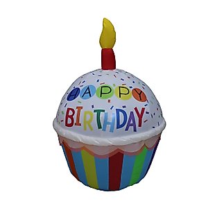 4 Foot Tall Cute Happy Birthday Inflatable Cupcake with Candle Lights Blowup Party Decoration for Outdoor Indoor Home Celebration Garden Yard Lawn Prop