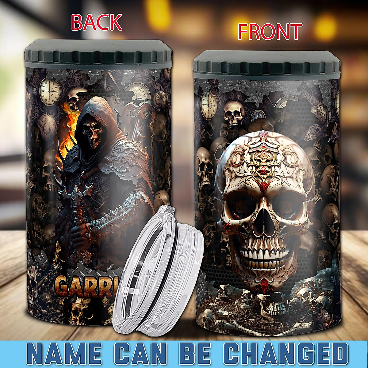 Personalized Skull Can Cooler 4 in 1 Holder Cup with Lid Customized Name Who Love Skulls 16oz Beer Drinking Gifts for Men Birthday Fathers Day