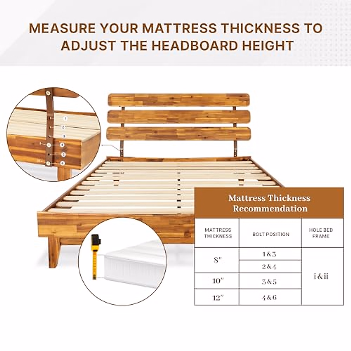 Bme Caden 15 Inch Deluxe Bed Frame with Adjustable Headboard - Mid Century, Retro Style with Acacia Wood - No Box Spring Needed - 12 Strong Wood Slat Support - Easy Assembly - Caramel, Queen