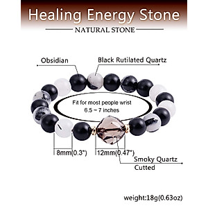 Jewever Triple Protection Bracelets Healing Energy Crystals Stones wealth bracelet for Women(Black Rutilated Quartz/Smoky Quartz/Obsidian 8mm)