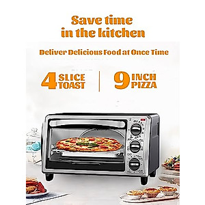 Toaster Oven 4 Slice Countertop - Pizza Oven with Timer, Convection Oven fits a 9 Inch Pizza, for Bake, Broil, Toast, Includes Baking Pan and Rack, Stainless Steel, Silver