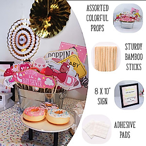 Girl Baby Shower Photo Booth Props - 41-pc Photobooth Kit with 8 x 10-Inch Sign, 60 Adhesive Pads, 45 Sticks - Baby Photo Booth Props Girl - Photo Props for Baby Shower