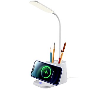 LED Desk Lamp with Wireless Charger, Desk Lamps for Home Office with 3 Lighting Modes, Eye-Caring Lamp with Pen Holder, Desk Lamp for College Dorm