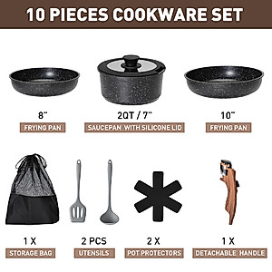 MAISON ARTS Detachable Handle Pots and Pans Set, 10 Piece Nonstick Induction Cookware Sets with Removable Handle, Black Granite Cooking Set, Ideal for Camping and RVs