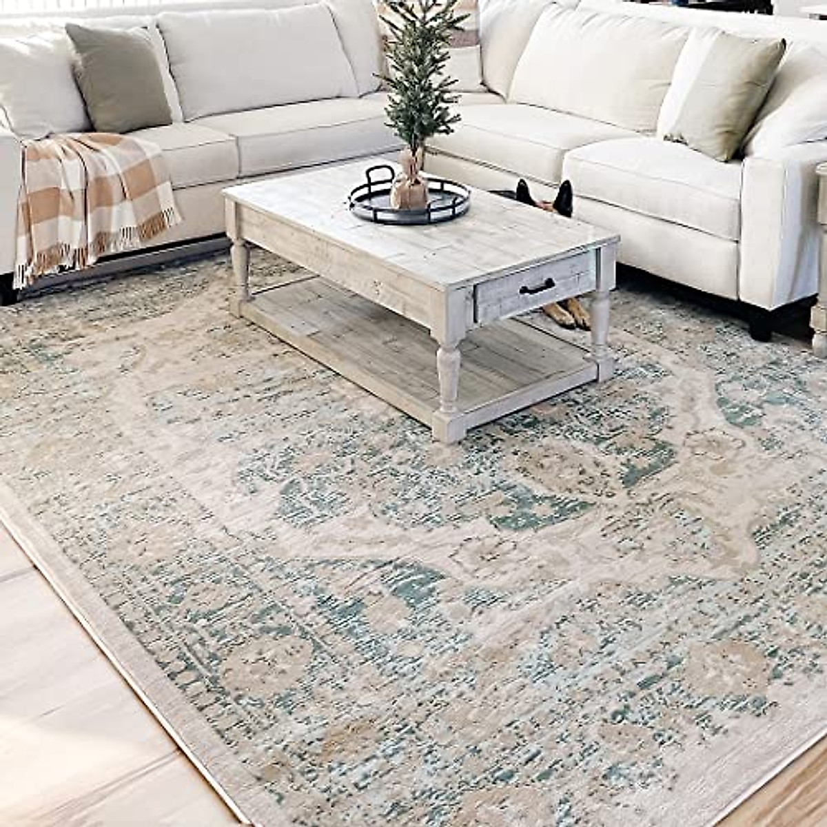 Well Woven Kensington Maxwell Blue Modern Medallion Antique Vintage Distressed Area Rug 3'11" x 5'3"