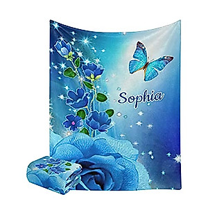 Blue Butterfly Blue Roses Personalized Name Soft Fleece Bed Blankets Throws as Birthday Wedding Gifts for Sofa Couch 50'' x 60''