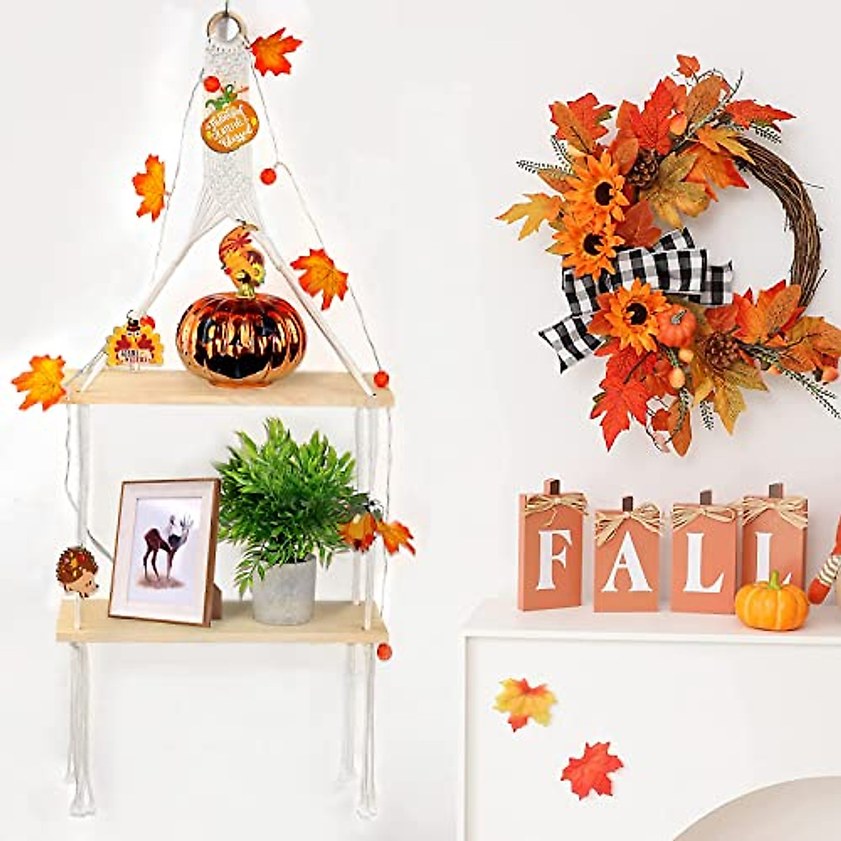 Macrame Wall Hanging Shelf with Fall Maple Leaf Garland Light, Autumn Wood Boho Shelf, Handmade Rope Shelf, Fall Wall Decor, Halloween and Thanksgiving Decorations for Home, Living Room, Bedroom