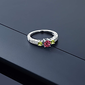 Gem Stone King 925 Sterling Silver Pink Tourmaline and Green Peridot Engagement Ring For Women (0.89 Cttw, Gemstone Birthstone, Available In Size 5, 6, 7, 8, 9)