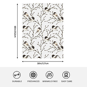 HGOD DESIGNS Bird Throw Blanket Flannel Fleece Blanket Willow Branches and Birds Black-Capped Chickadee Lightweight Throw for Bed Sofa Travel Teens Birthday s 50" x 60