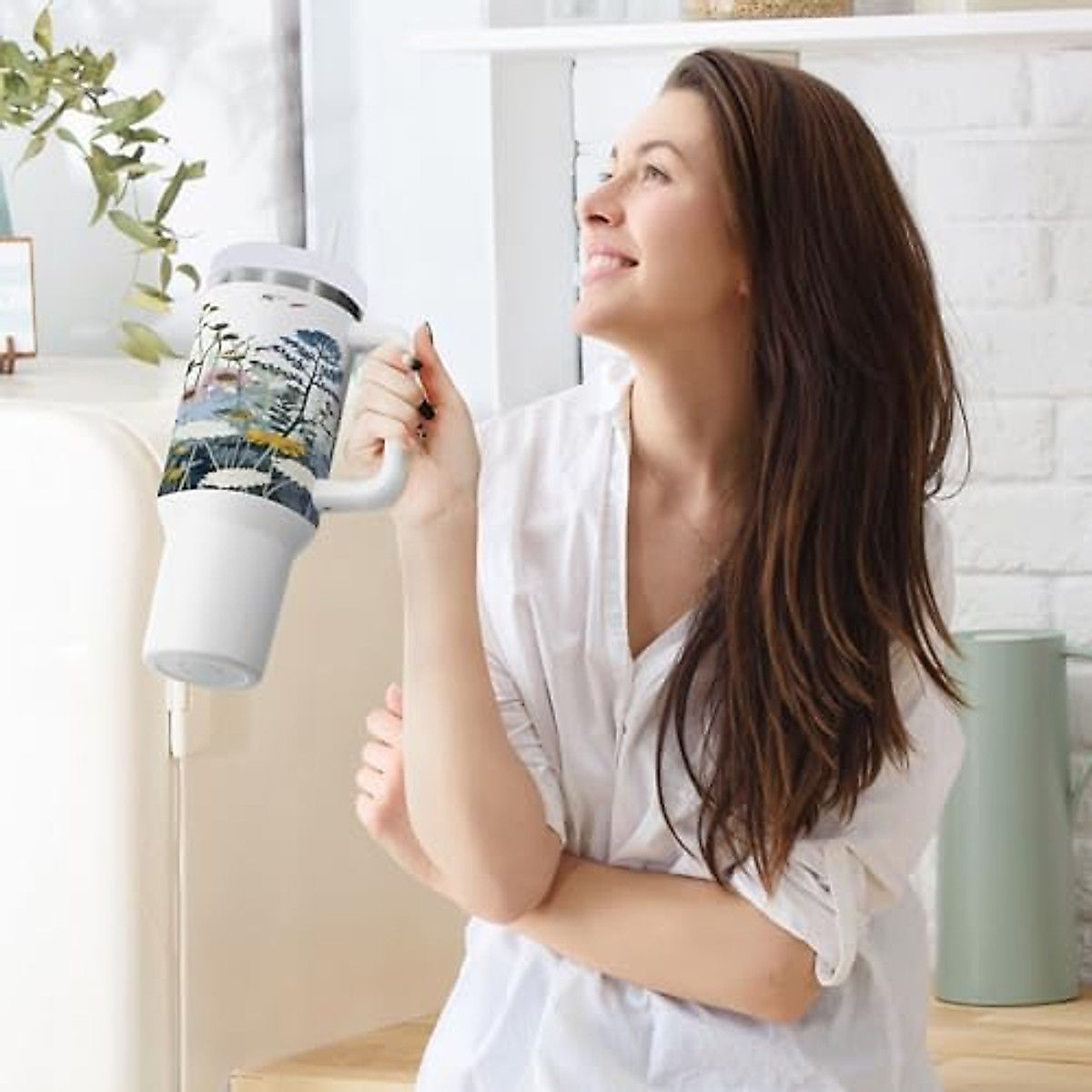 Jihqo Beautiful Wildflowers 40 oz Stainless Steel Vacuum Insulated Tumbler with Handle and Straw Lid Reusable Leakproof Water Bottle Double Wall Travel Mug Coffee Cup, Cupholder Friendly