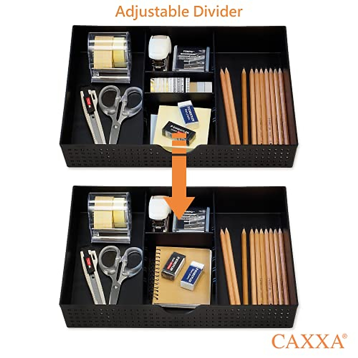 CAXXA 2 Pack 3 Slot Drawer Organizer with Two Adjustable Dividers - Junk Drawer Storage for Office Desk Supplies and Accessories, Black (2 Pack)