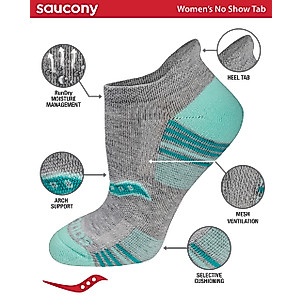 Saucony Women's RunDry Performance Heel Tab Athletic Socks, Available in S-L (8, 24, Grey Assorted (16 Pairs), Medium