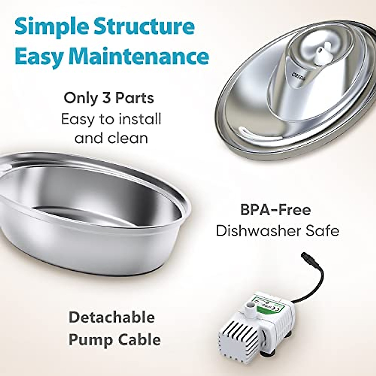 ORSDA Cat Water Fountain Stainless Steel, Pet for Cats Inside 2L, Automatic Dispenser, Dog Fountain, Metal Drinking Steel