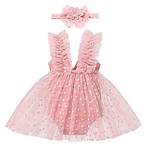 IMEKIS First Birthday Outfit Girl:Boho Romper Princess Dress Headband 1st Valentines Day Baby Cake Smash born Photography Easter Dresses for Toddler Infant Christening Pink Floral 0-6 Months