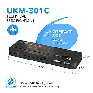 OREI 3 Port KVM Switch 4K@60Hz, 1 USB-C DP Input, 2 HDMI Inputs & 4 USB 2.0 Ports to Connect Flash Drives, Printers and Keyboard-Mouse (UKM-301C)