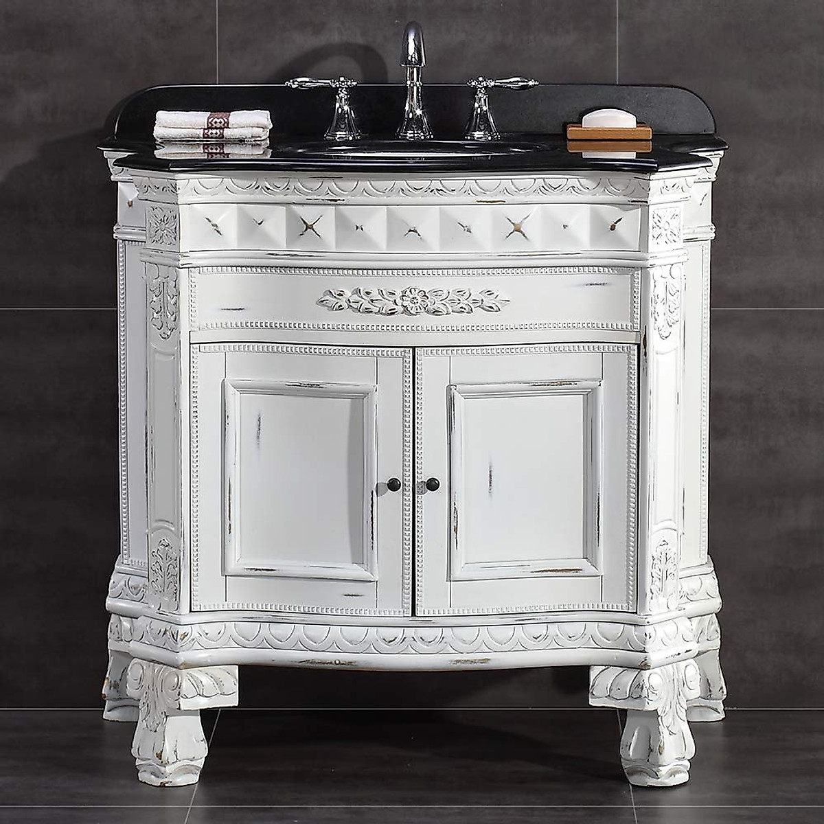 Ove Decors Islay 36 in. Bathroom Vanity and Sink Combo Carved Cabinet with Black Granite Top | Backsplash Included, 35 inches, Antique White Gold Brushed