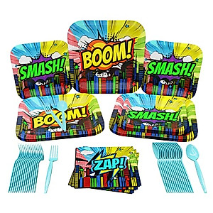 Comic Superhero Standard Party Supplies Pack (109 Pieces for 20 Guests) - Superhero Party Decoration, Plates and Napkin, Super Hero Brithday Party for Boys, Blue Orchards