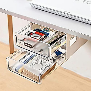Ceuku Under Desk Drawer Organizer 2 Layers Hidden Drawer, Clear Plastic Attachable Desk Drawer Easy to Install Under Table Drawer Self- adhesive Under Desk Organizer for Office, Wardrobe or kitchen