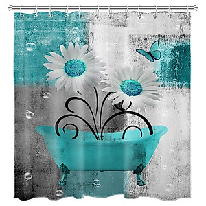 LB Rustic Teal Floral Shower Curtain for Bathroom, Country Daisy Flower and Butterfly Fabric Shower Curtain with Hooks, Geometric Grey and White Bathroom Curtain Shower Set, 72" W x 78" L