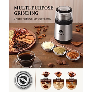 KIDISLE Coffee Grinder Electric, Herb Grinder, Spice Grinder, Coffee Bean Grinder, Espresso Grinder with 2 Removable Stainless Steel Bowl,Silver