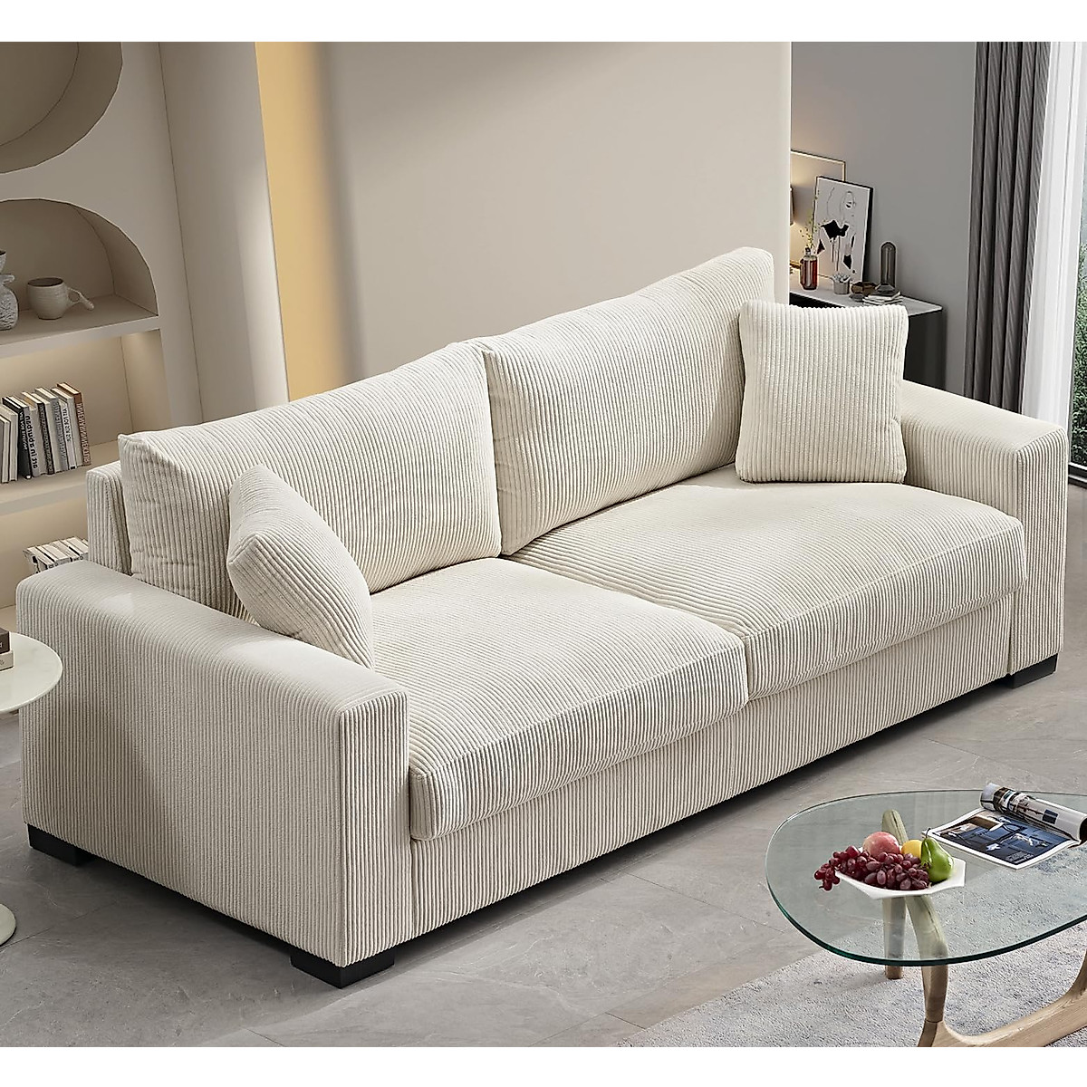 Container Furniture Direct Luxe Corduroy Sofa with 2 Toss Pillows, Spacious and Comfortable 3 Seater Couch for Modern Living Room, Ideal for Entertainment and Cozy Moments, 89" Wide, Beige