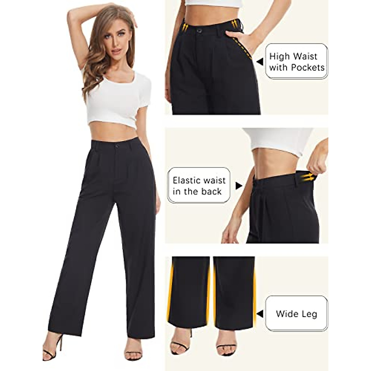 Tapata Womens Wide Leg High Waist Straight Leg Casual Pants Stretch Comfy Pockets Relaxed Fit, Black, 2