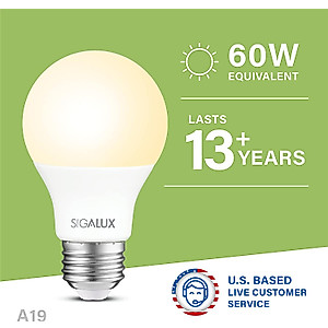 Sigalux LED Light Bulbs 60 Watt Equivalent A19 Standard Light Bulbs 2700K, Non-Dimmable Energy Efficient 9.5W LED Soft White Light Bulb with E26 Medium Base, 800 Lumens, UL Listed, 16 Pack