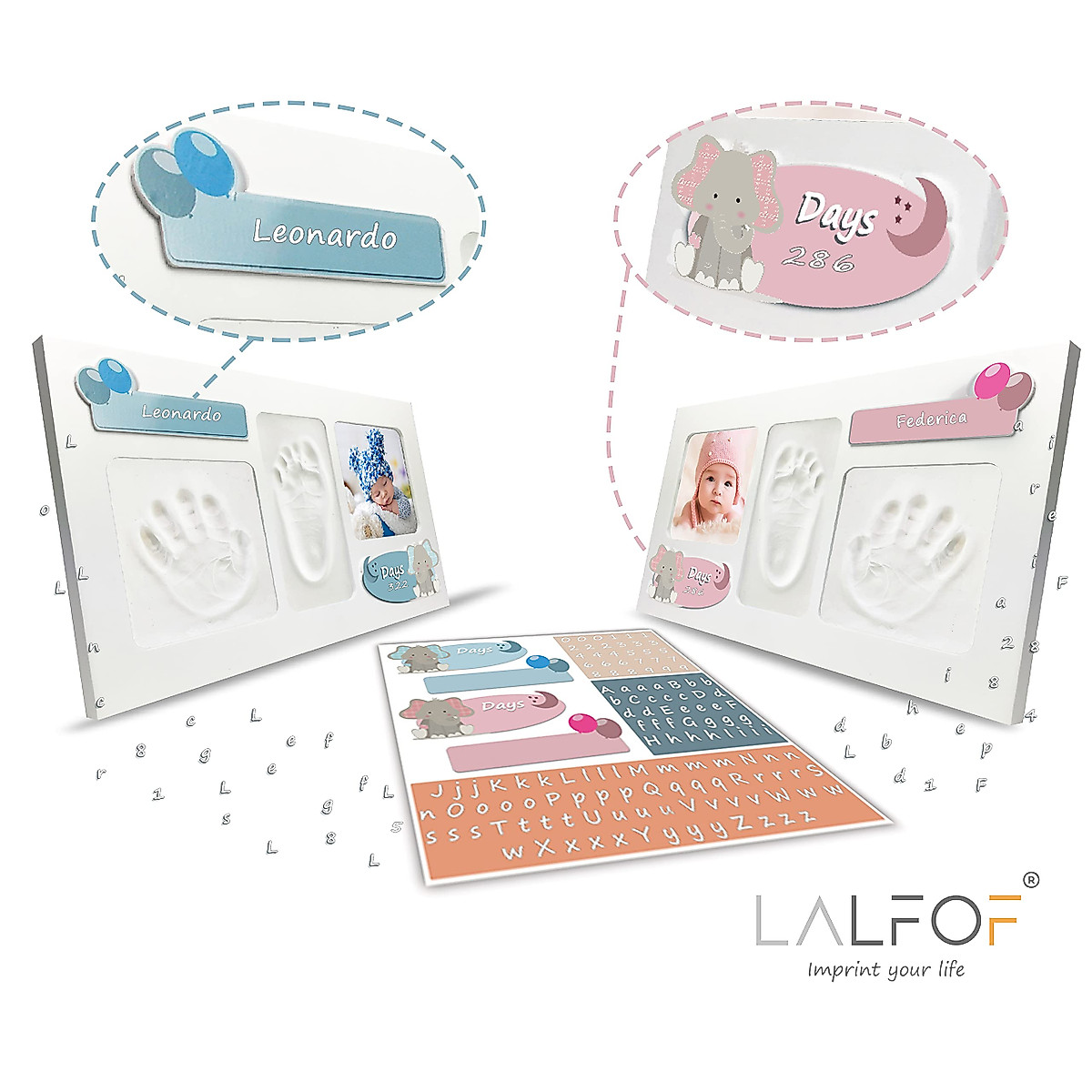 Baby frame elephant whit name and date birds