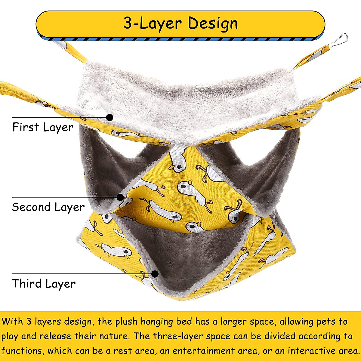 XINRUI 3 Tier Rat Pet Hammocks for Cage,Ferret Guinea Pig Cage Accessories,13.7x13.7 Inches,Rat beds Hammock Hanging Bunkbed for Small Animals,Ferret,Kitten,Squirrel,Chinchilla, Rat,Parrot(Yellow)