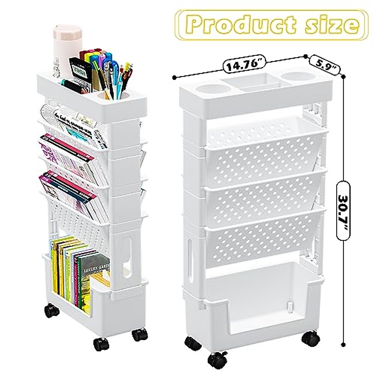 YFXCVSL 5 Tier Book Rack Storage Bookshelf, Mobile Bookshelf with Wheels, Movable Unique Bookcase Small Rolling Bookshelf, Mobile Book Cart Organizer Bookshelves for Office, Dorm, Classroom, White