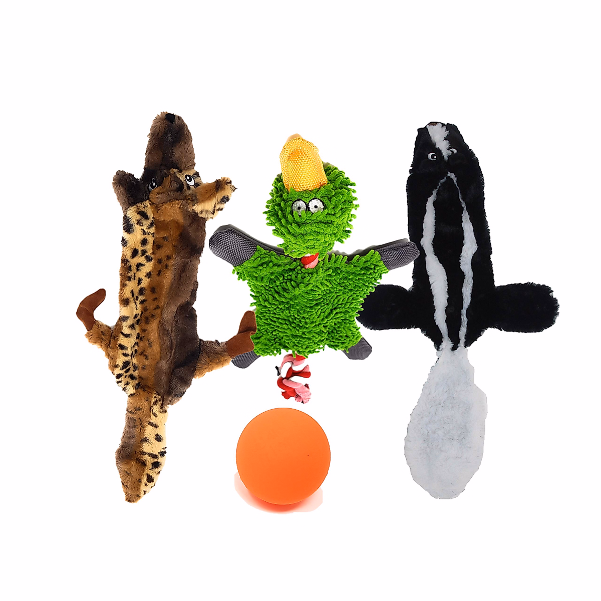 Large Dog Toys Set of 3 Plush Stuffingless Animals 24 Inches - Skunk/Wolf Squeaky Toys - Duck Squeaky w/ Crinkle Body and Rope for Tug. Rubber Ball for Aggressive Chewers Medium/Large Dogs + Carry Bag