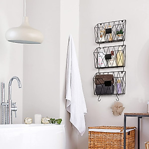 Hanging Wall File Holder Wall Mount Metal Wall File Organizer 3 Pockets Mail Organizer with Hooks for Office Home,Black