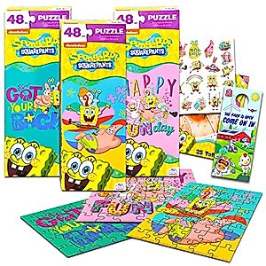 Spongebob Squarepants Jigsaw Puzzle Set - 3 Pack Spongebob Puzzle Bundle (48pc Each) with Stickers and More for Kids Adults (Spongebob Squarepants Party Favors)