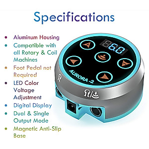 Aurora II Professional Tattoo Machine Power Supply- Touchscreen, Digital Display & Color LEDs (Black)