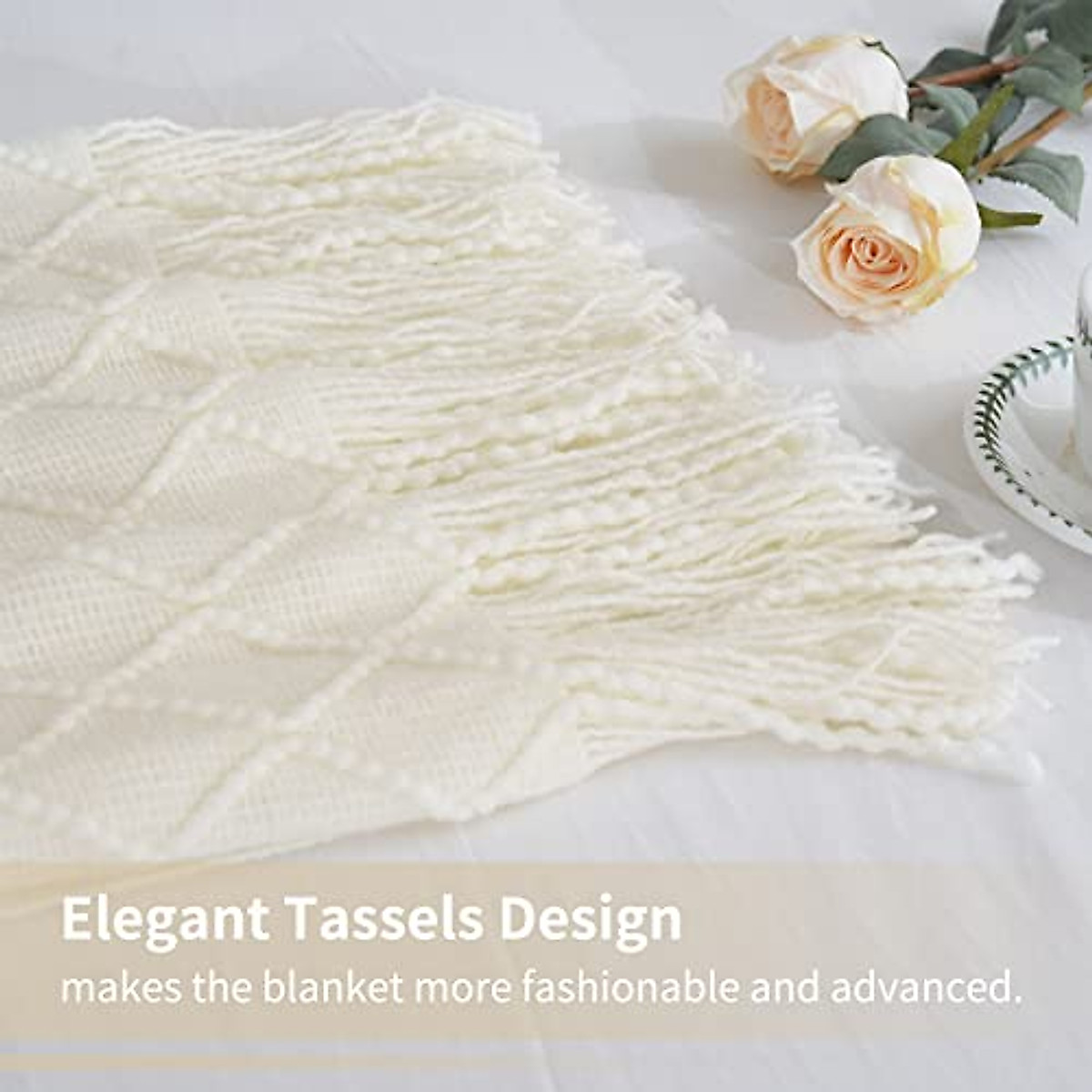 Yastouay Knitted Throw Blankets Soft Cozy Knit Blanket with Tassel Lightweight Breathable Fleece Blanket Decorative Blanket for Couch, Bed, Sofa, Travel and Farmhouse, 50"x60", Off White