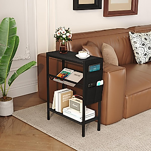 Yusong Small Narrow Side Table for Small Spaces, Slim End Table with Storage Bag, Sofa Snack Table with Adjustable Metal Mesh, 3 Tier Accent Skinny Beside Table for Living Room & Bedroom, Black Oak