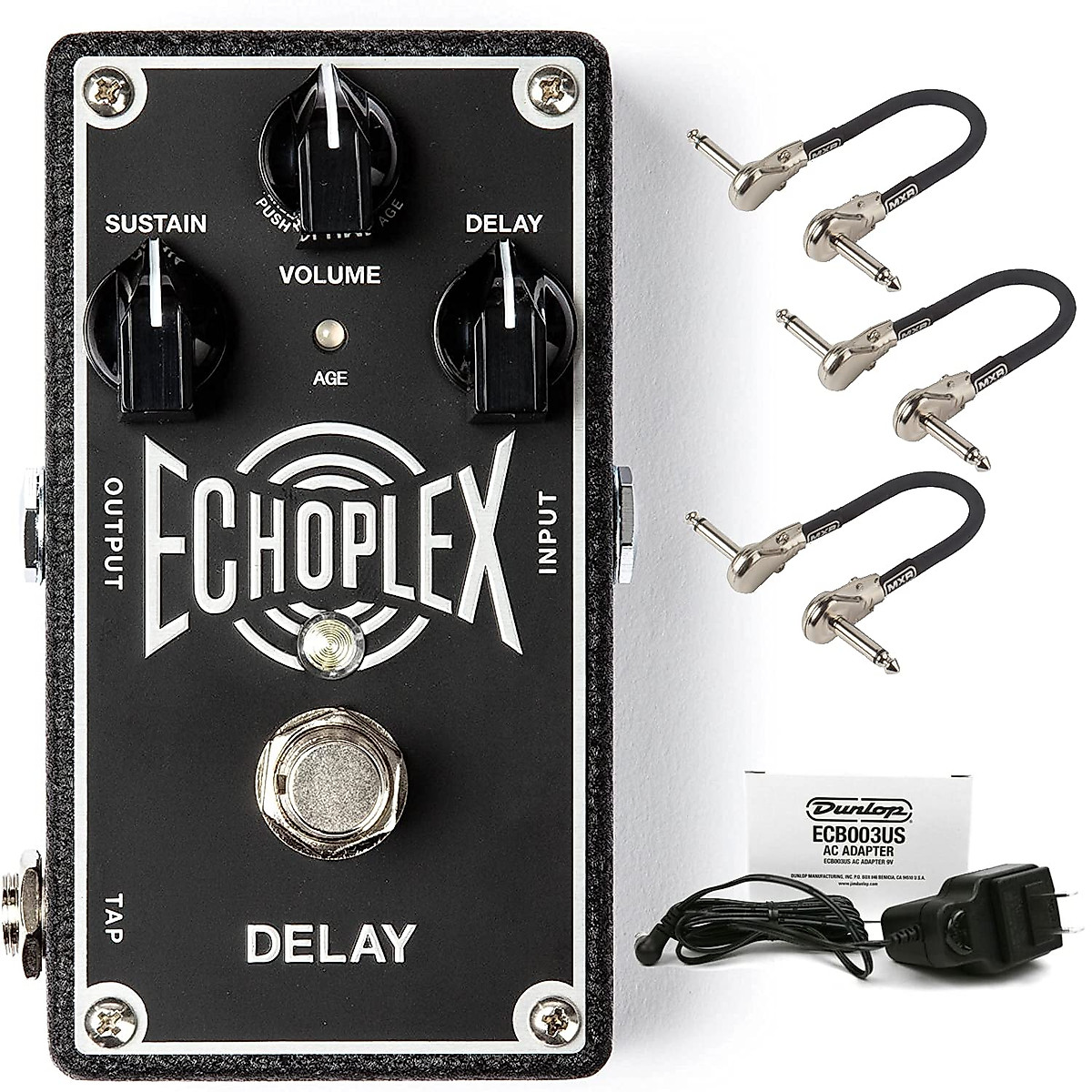 Briskdrop Dunlop EP103 Echoplex Delay Guitar Effects Pedal Bundle with 3 MXR Patch Cables and Dunlop Power Supply, EP103bundle
