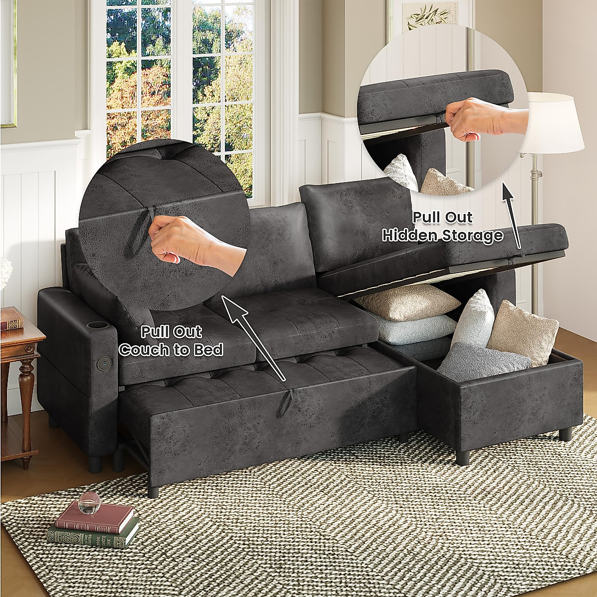 Danrelax Faux Leather L Shaped Sofa, L Shape Couch, Pull Out Bed with USB and Cup Holder, Storage Sofa Cama, Queen Sofa Bed, Sleeper Sofa Couch for Living Room, Sofa Bed Couch, Black