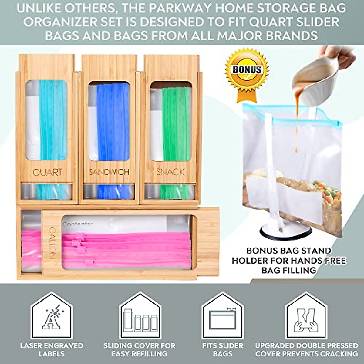 PARKWAY HOME - Ziplock Bag Organizer For Drawer, Food Storage Bag Holder, Ziplock Bag Storage Organizer for 8" Quart Ziploc Bags, Sandwich Bag Organizer, Snack Baggie Organizer and Food Bags Holder