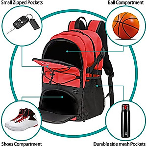 WOLT | Basketball Backpack Large Sports Bag with Separate Ball holder & Shoes compartment, Best for Basketball, Soccer, Volleyball, Swim, Gym, Travel (Red)
