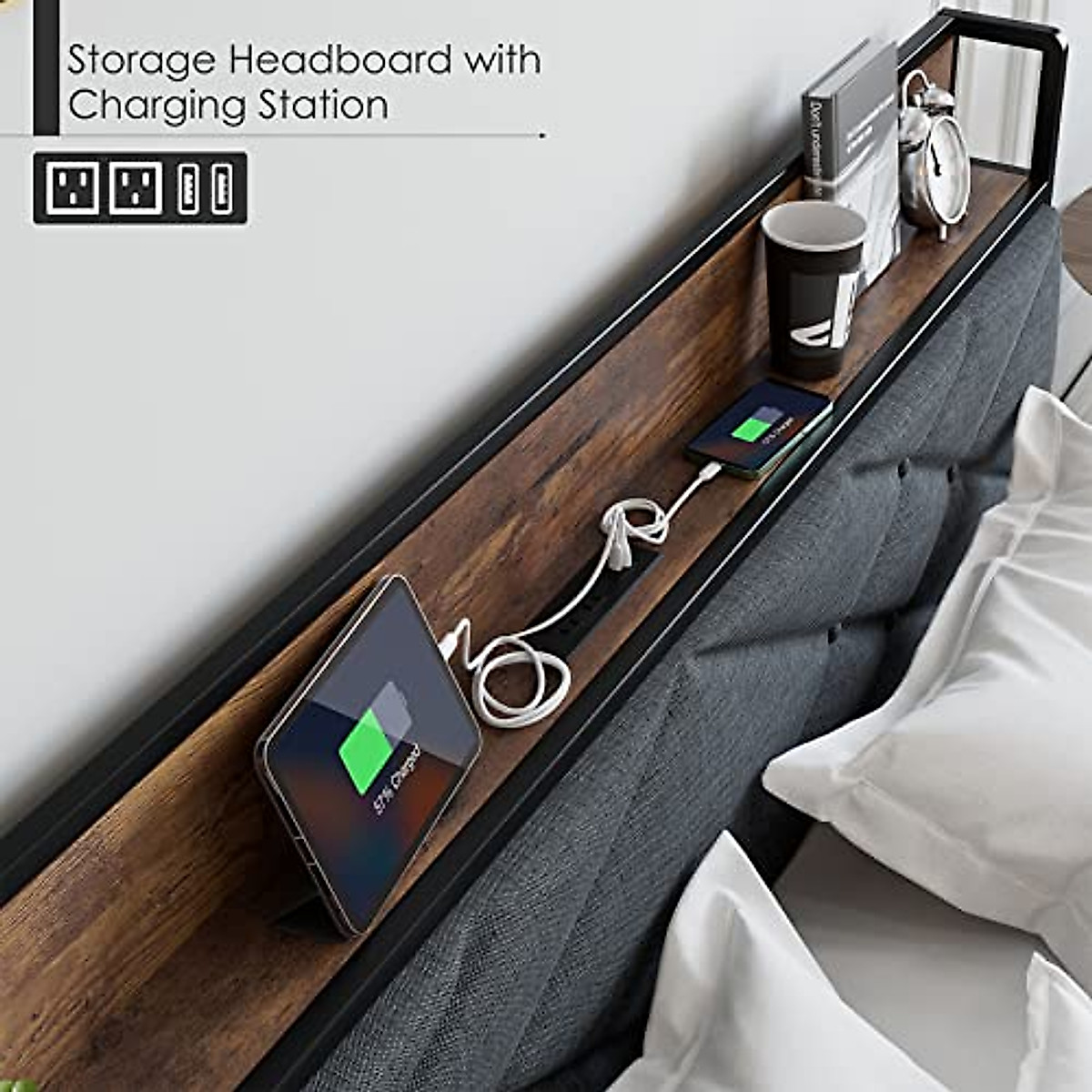 King Size Bed Frame with USB Ports, Platform Bed Frame with Storage Headboard, Solid Wood Slats Support, No Box Spring Needed, Noise-Free, Light Gray