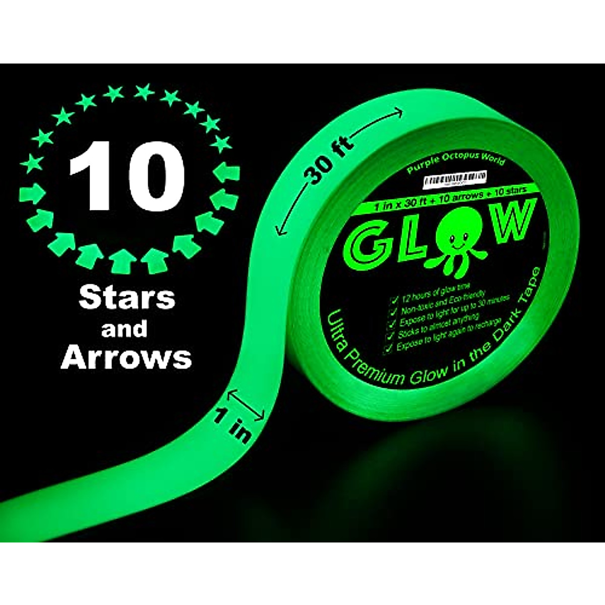 Best Glow in The Dark Tape 1 in x30 ft+10 Arrows+10 Stars -Bright, Long-Lasting Fluorescent Tape for Halloween,Outdoor, Night Decorations, Safety, Stairs, Theater