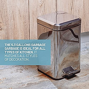 AWENN - Kitchen Garbage Trash Can with Lid and Pedal - Touchless Round Shape Waste Bin - Stainless Steel Dustbin with Removable Inner Bucket for and Outdoors – Gray (5.3 Gallon – 20 Liters)