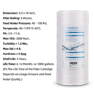 Geekpure 10-Inch Whole House Water Filter System with 4 String Wound PP Filters-4.5"x10"-1-Inch Port