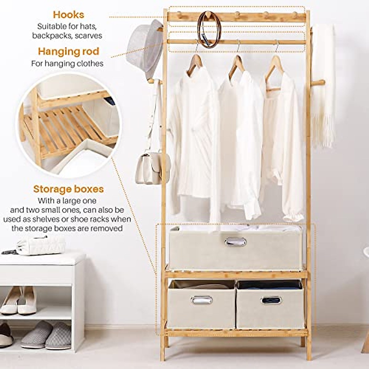 Homde Bamboo Clothing Rack with 3 Storage Box, Garment Rack Clothes Racks for Hanging Clothes, Standing Wardrobe Storage Rack with 2 Organizer Shelves, Portable, Natural