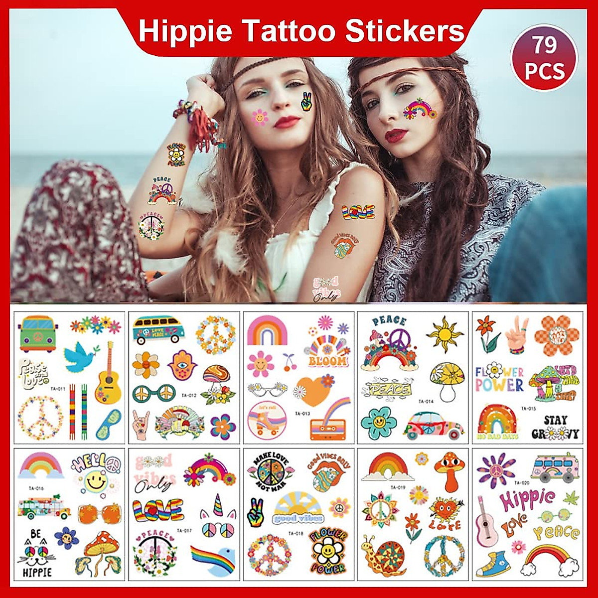 Hippie Tattoos for Kids Women Adult Groovy Hippie Temporary Tattoos Love and Peace Waterproof Face Body Fake Tattoos Stickers