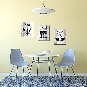 OuElegent Kitchen Canvas Wall Art Eat Love Sign Painting Pictures Rustic Wood Texture Prints Black Gray Modern Artwork for Home Restaurant Cafe Bar Wall Decor Framed Ready to Hang 12"x16"x3Pcs
